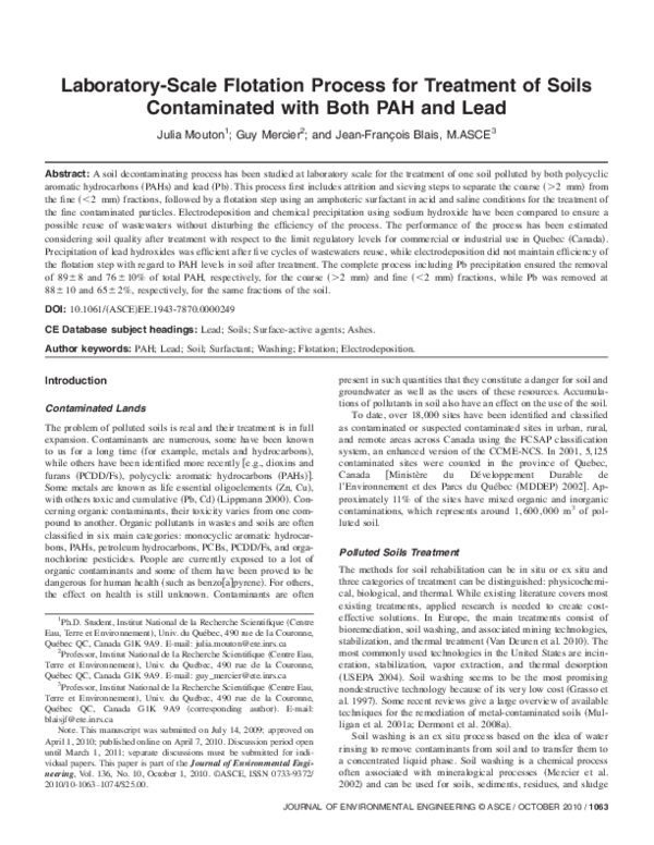 (PDF) Laboratory-Scale Flotation Process for Treatment of Soils Contaminated with Both PAH and Lead