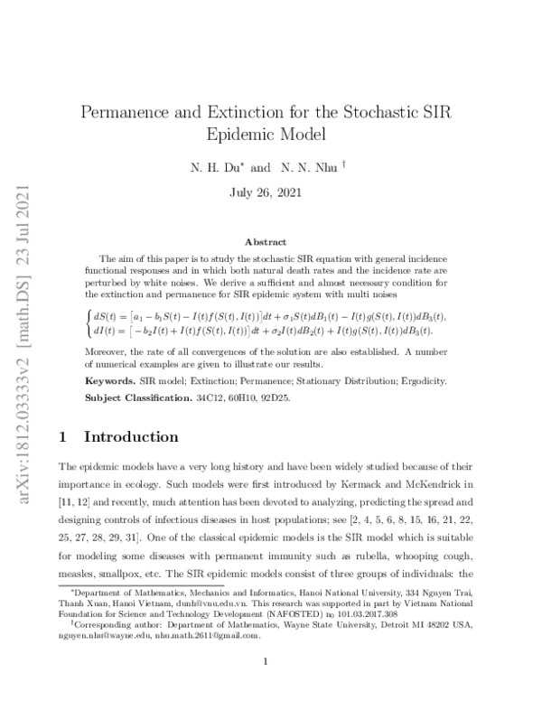 (PDF) Permanence and extinction for the stochastic SIR epidemic model