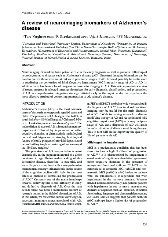 (PDF) A review of neuroimaging biomarkers of Alzheimer's disease