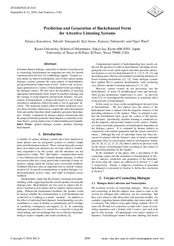 (PDF) Prediction and Generation of Backchannel Form for Attentive ...