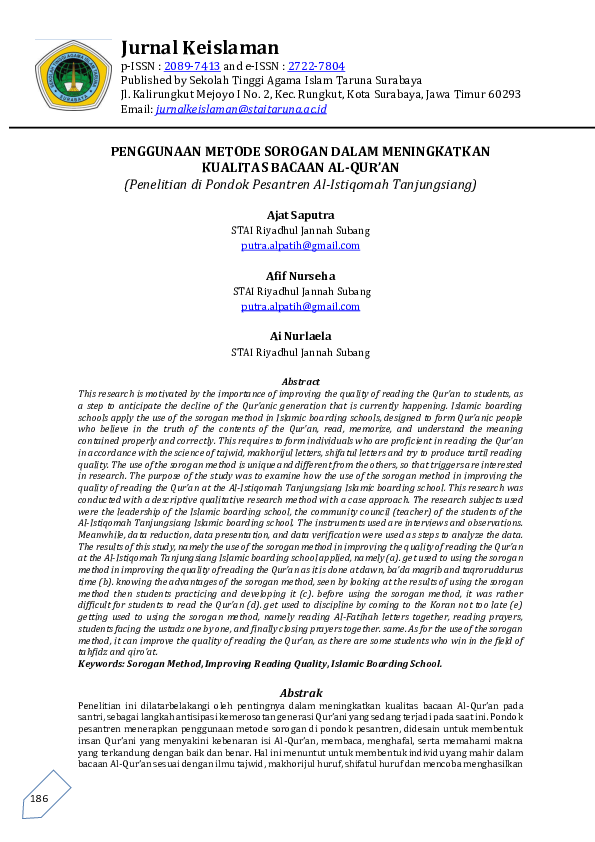 (PDF) Penggunaan Metode Sorogan Dalam Meningkatkan Kualitas Bacaan Al ...