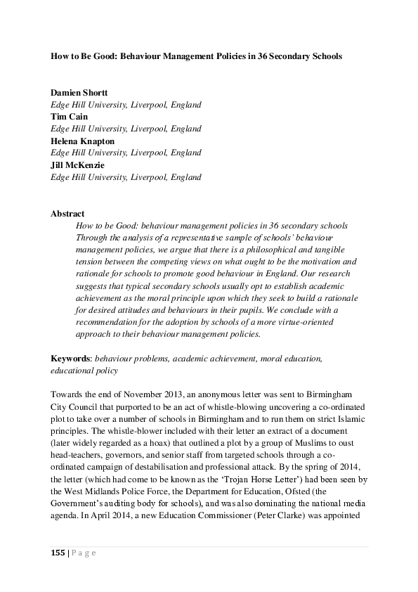(PDF) How To Be Good: Behaviour ManagementPolicies in 36 Secondary Schools