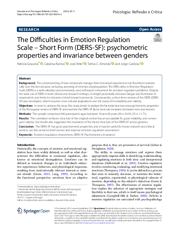 (PDF) The Difficulties in Emotion Regulation Scale – Short Form (DERS-SF): psychometric ...