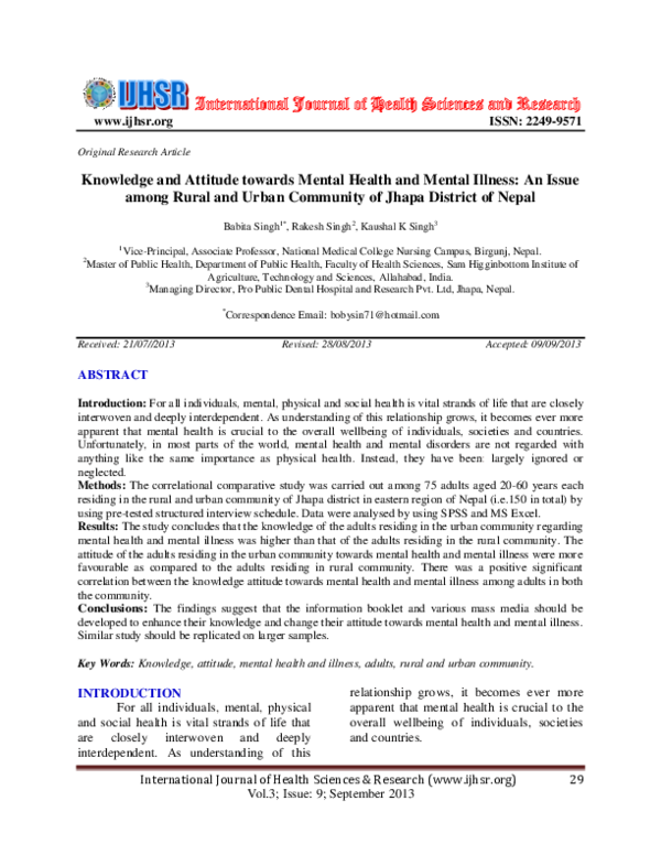 (PDF) Knowledge and Attitude towards Mental Health and Mental Illness: An Issue among Rural and ...