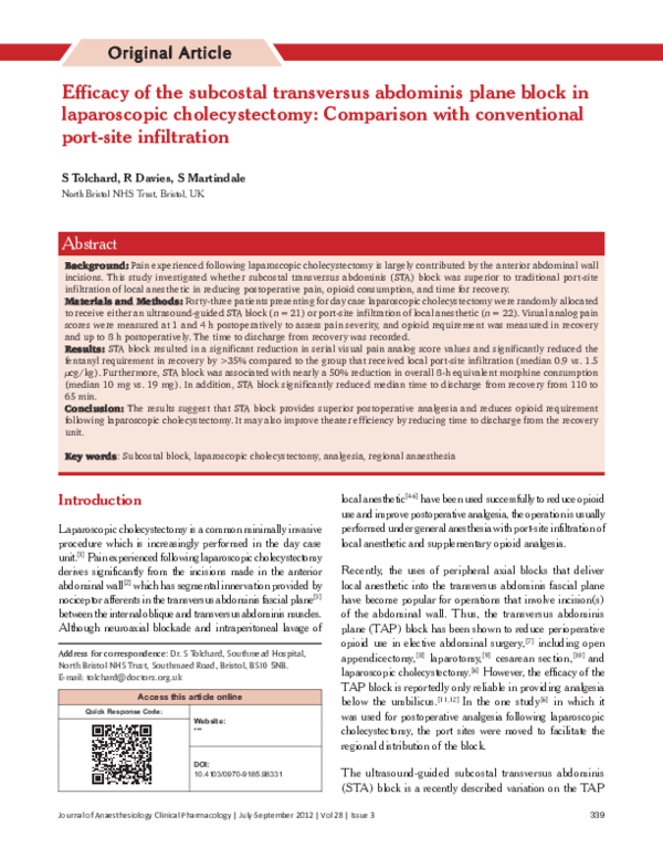 (PDF) Efficacy of the subcostal transversus abdominis plane block in ...