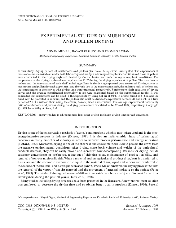 (PDF) Experimental studies on mushroom and pollen drying