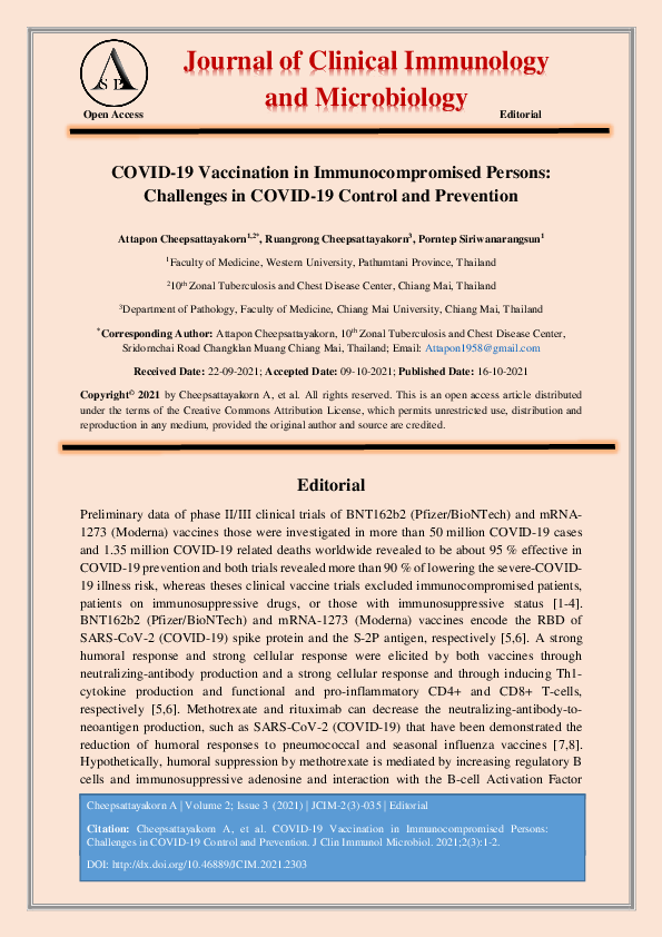 (PDF) COVID-19 Vaccination in Immunocompromised Persons: Challenges in ...