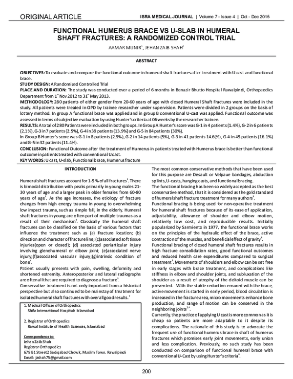 (PDF) Functional Humerus Brace vs U-Slab in Humeral Shaft Fractures: A ...