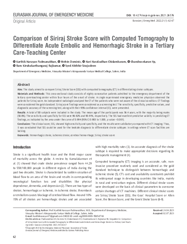(PDF) Comparison of Siriraj Stroke Score with Computed Tomography to ...