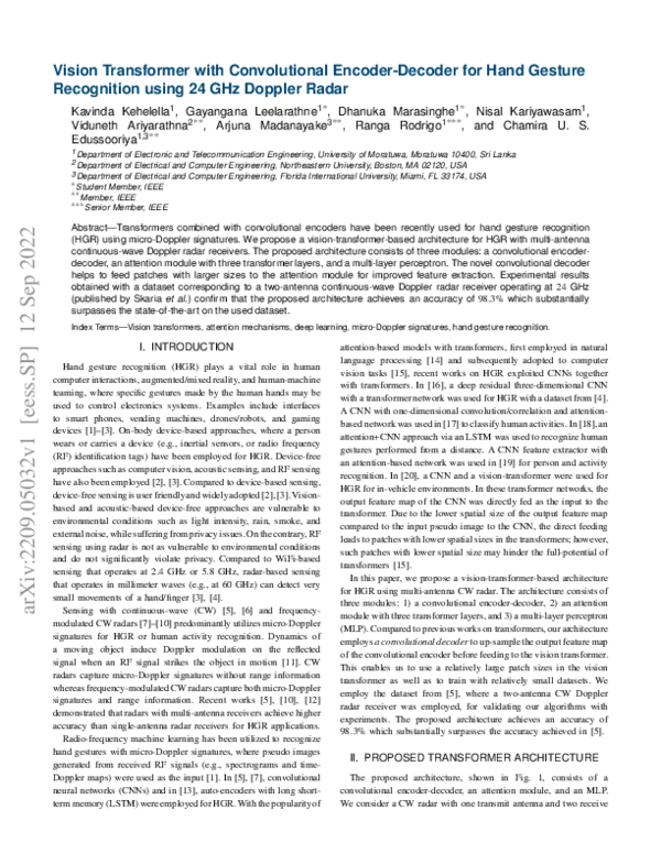 Pdf Vision Transformer With Convolutional Encoderdecoder For Hand Gesture Recognition Using