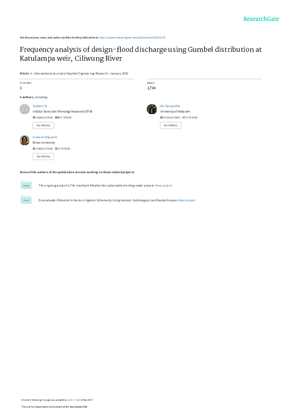 Pdf Frequency Analysis Of Design Flood Discharge Using Gumbel Distribution At Katulampa Weir