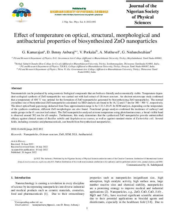 (PDF) Effect of temperature on optical, structural, morphological and antibacterial properties ...