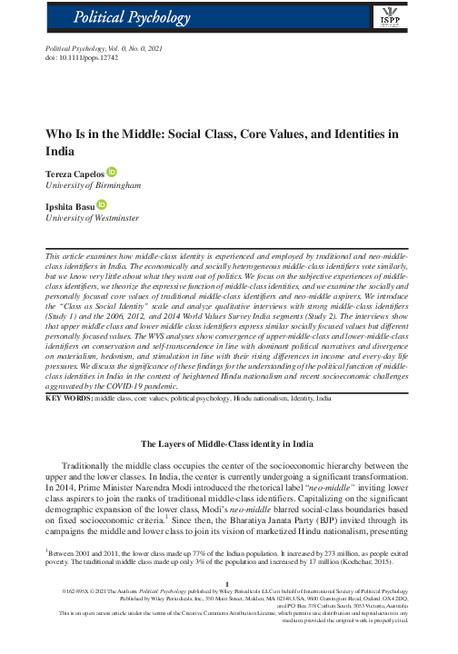 (PDF) Who Is in the Middle: Social Class, Core Values, and Identities ...