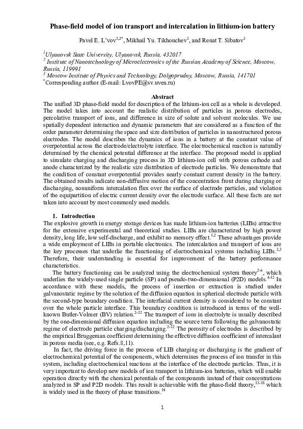 (PDF) Phase-field model of ion transport and intercalation in lithium-ion battery