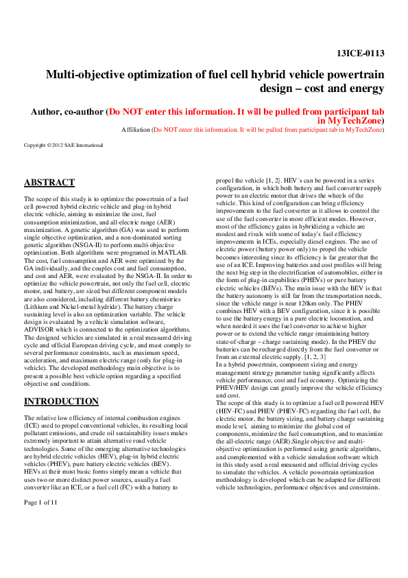 Pdf Multi Objective Optimization Of Fuel Cell Hybrid Vehicle Powertrain Design Cost And Energy