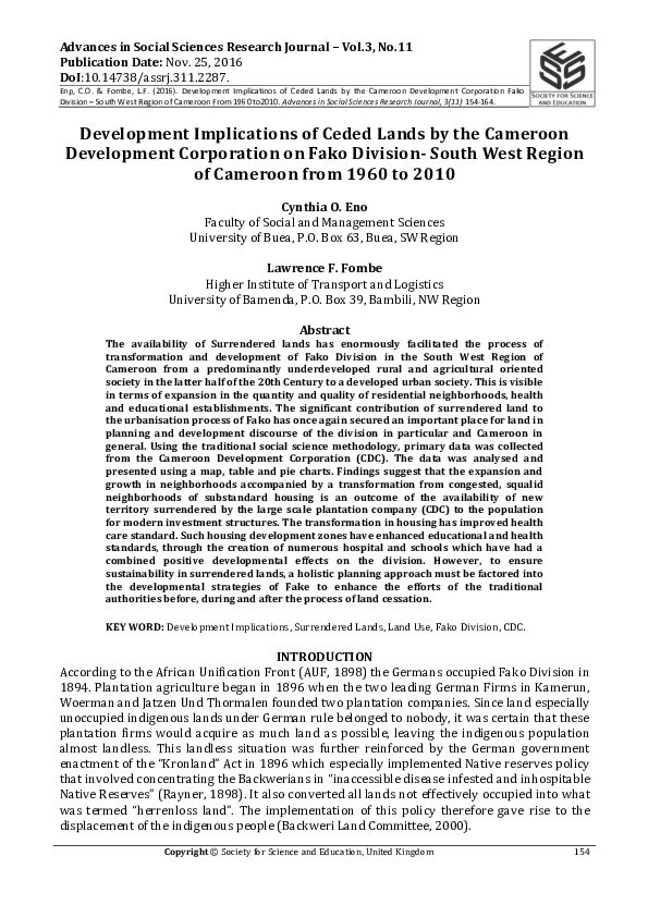 (PDF) Development Implications of Ceded Lands by the Cameroon ...