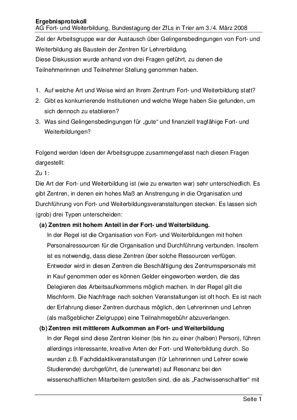 (PDF) Protokoll der Arbeitsgruppe Fort- und Weiterbildung