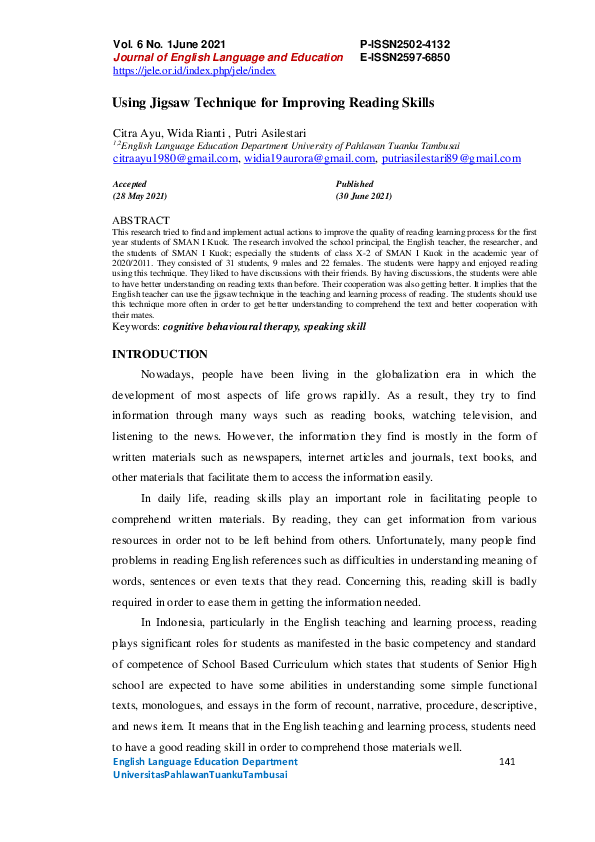 (PDF) Using Jigsaw Technique for Improving Reading Skills