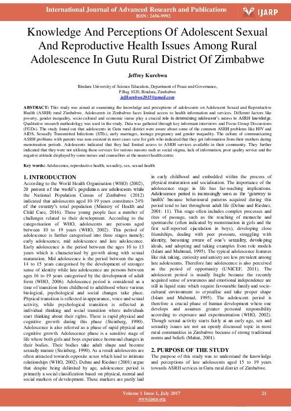 (PDF) Knowledge And Perceptions Of Adolescent Sexual And Reproductive Health Issues Among Rural ...