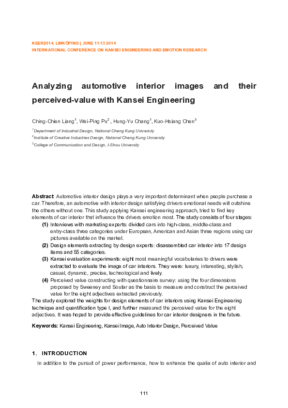 (PDF) Analyzing automotive interior images and their perceived-value with Kansei Engineering