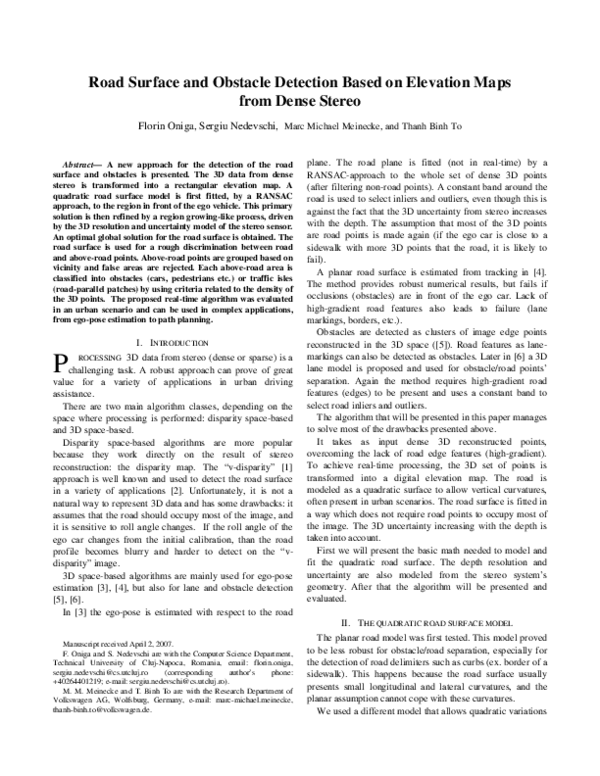 (PDF) Road Surface and Obstacle Detection Based on Elevation Maps from Dense Stereo