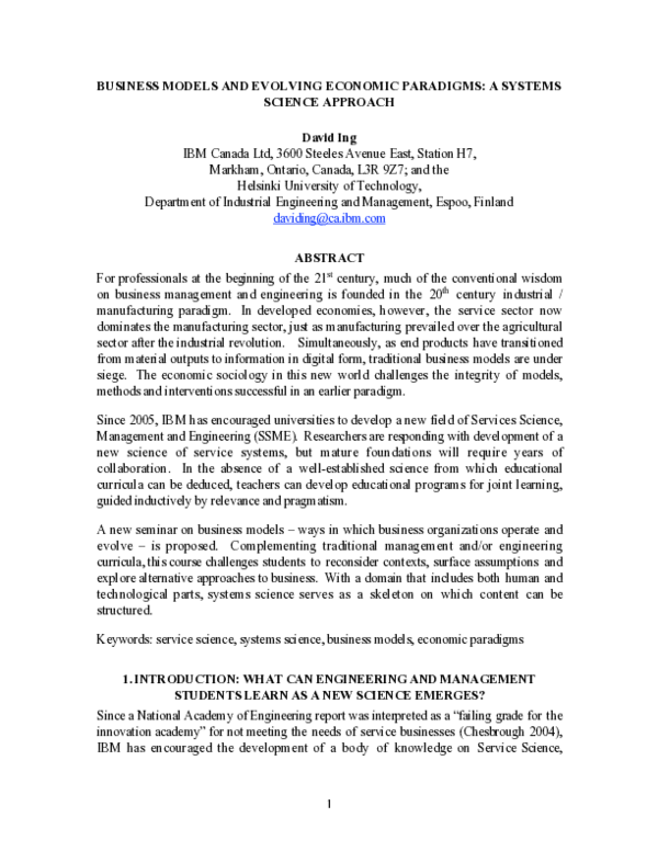 (PDF) Business models and evolving economic paradigms: a systems science approach