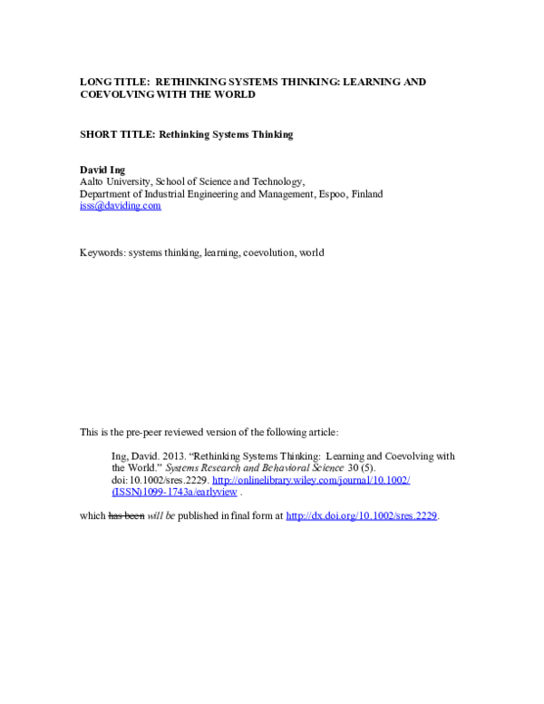 (PDF) Rethinking Systems Thinking: Learning and Coevolving with the World