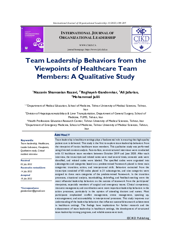 (PDF) Team Leadership Behaviors from the Viewpoints of Healthcare Team ...