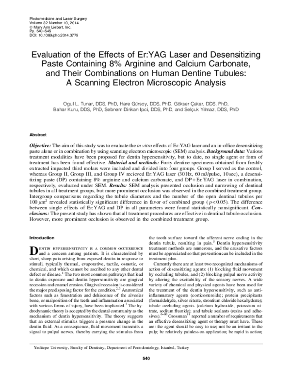 (PDF) Evaluation of the Effects of Er:YAG Laser and Desensitizing Paste ...