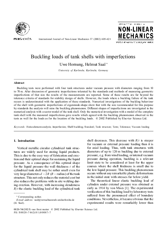 (PDF) Buckling loads of tank shells with imperfections