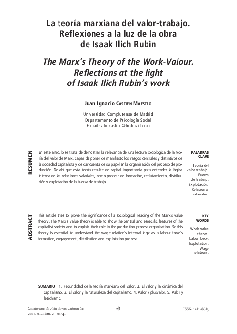 (PDF) La teoría marxiana del valor-trabajo. Reflexiones a la luz de la ...