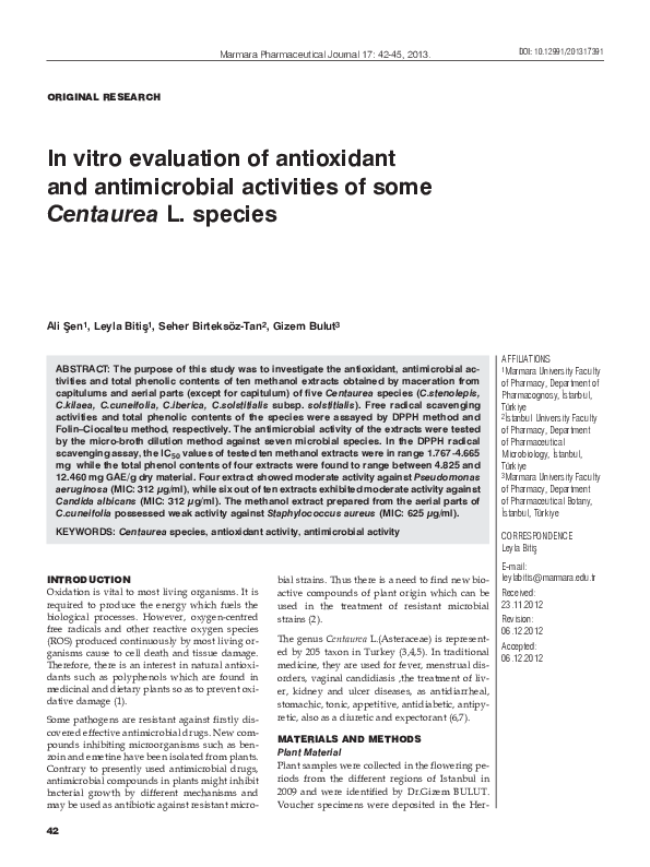 (PDF) In vitro evaluation of antioxidant and antimicrobial activities of some Centaurea L. species