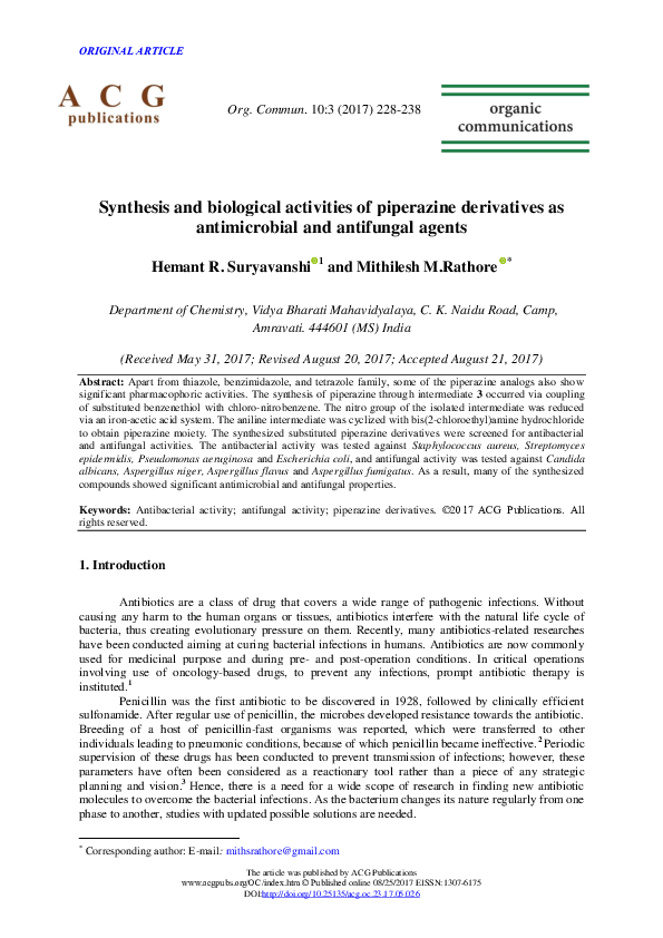 (PDF) Synthesis and biological activities of piperazine derivatives as antimicrobial and ...