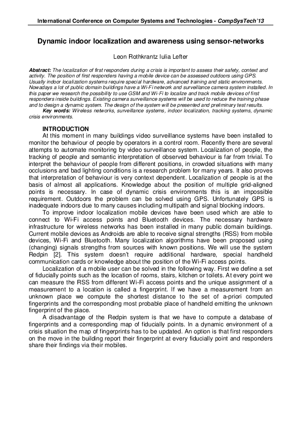 Pdf Dynamic Indoor Localization And Awareness Using Sensor Networks