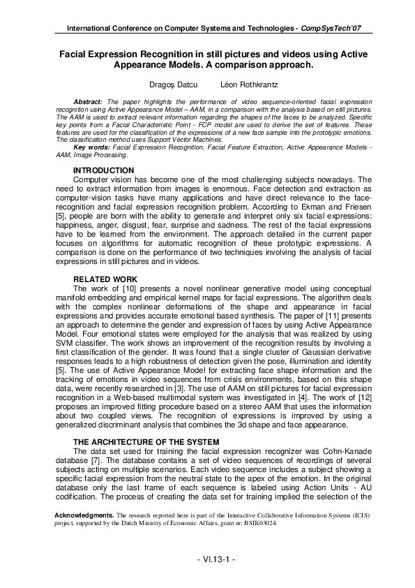 (PDF) Facial expression recognition in still pictures and videos using active appearance models