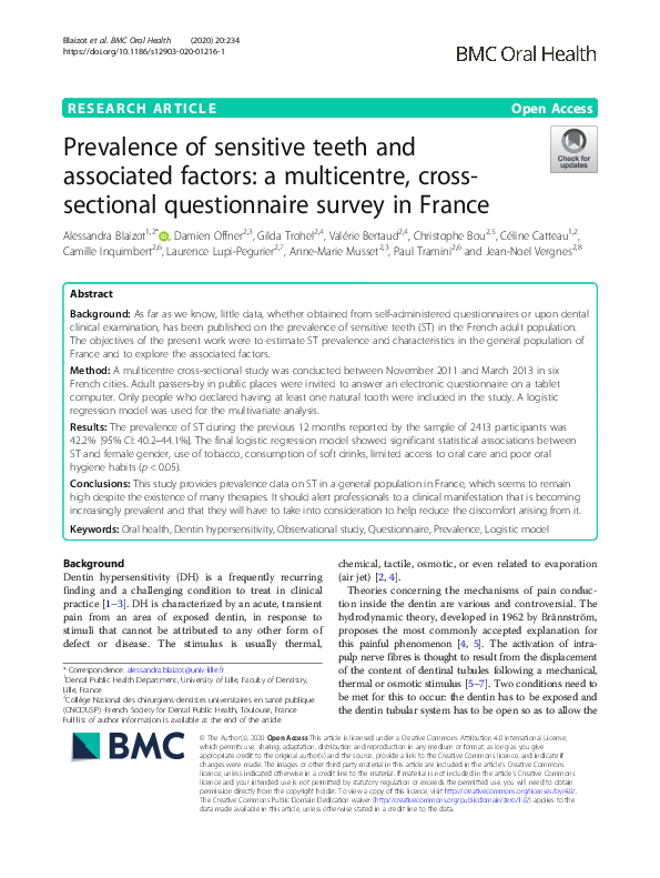 (PDF) Prevalence of sensitive teeth and associated factors: a ...