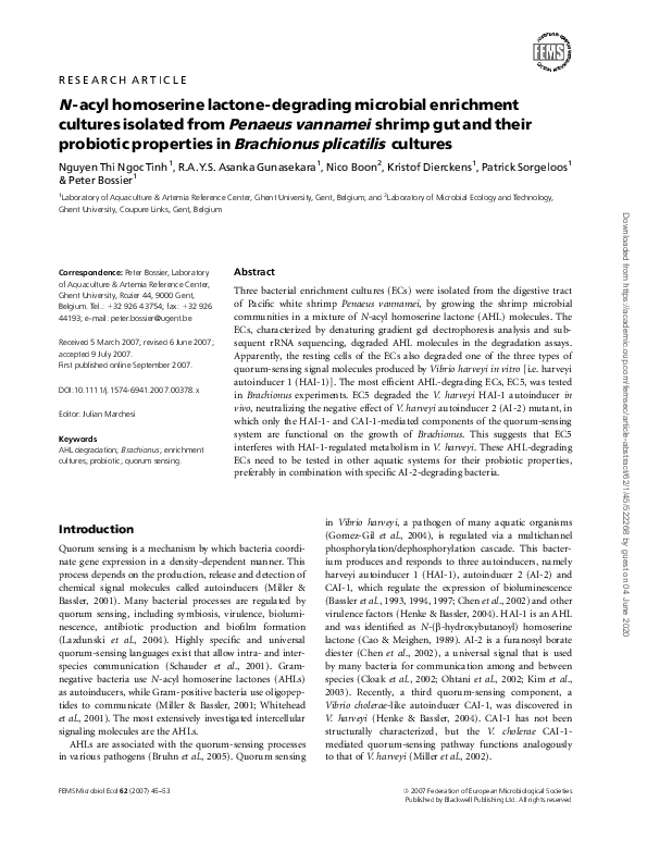 (PDF) N-acyl homoserine lactone-degrading microbial enrichment cultures ...