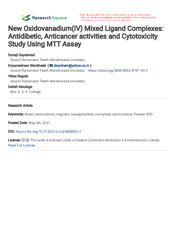 (PDF) New Oxidovanadium(IV) Mixed Ligand Complexes: Antidibetic ...