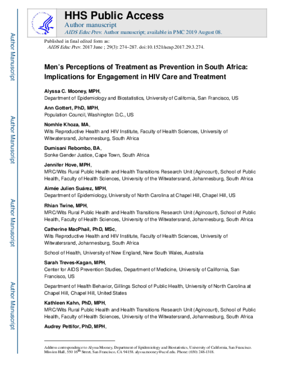 (PDF) Men's Perceptions of Treatment as Prevention in South Africa: Implications for Engagement ...