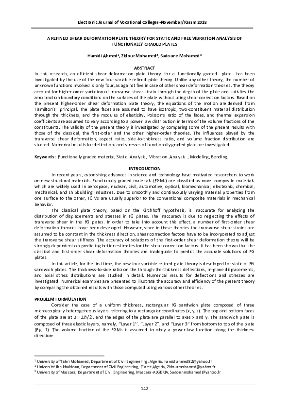 Pdf A Refined Shear Deformation Plate Theory For Static And Free Vibration Analysis Of
