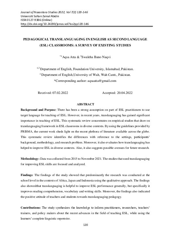(PDF) Pedagogical Translanguaging in English as Second Language (Esl ...
