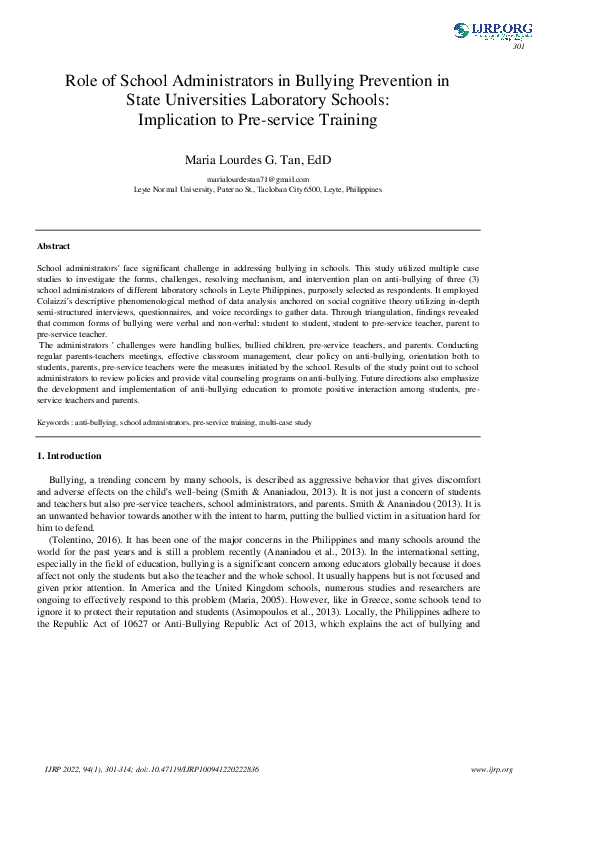 (PDF) Role of School Administrators in Bullying Prevention in State ...