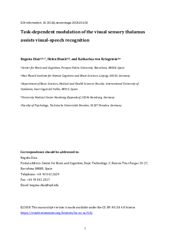 (PDF) Task-dependent modulation of the visual sensory thalamus assists visual-speech recognition