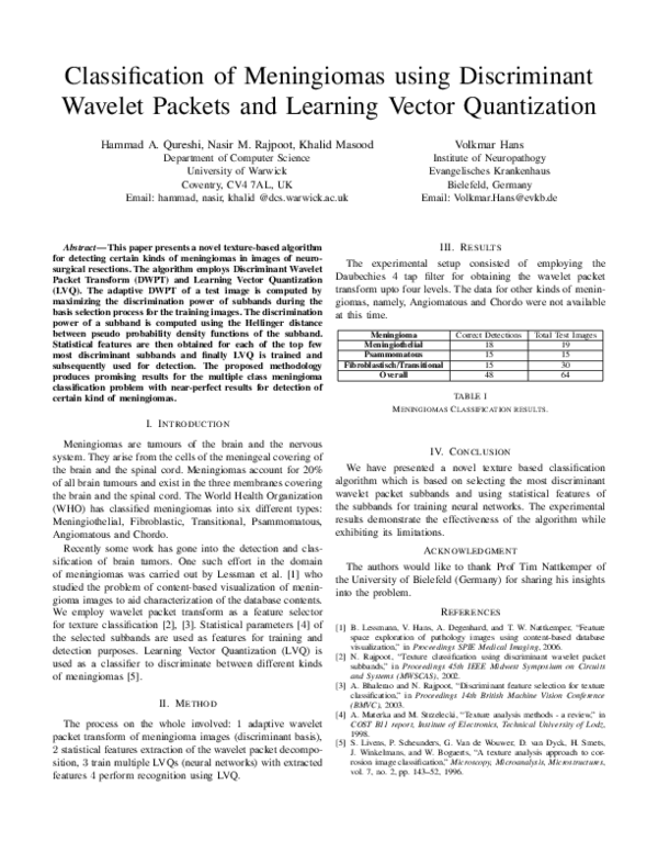 (PDF) Classification of meningiomas using discriminant wavelet packets and learning vector ...