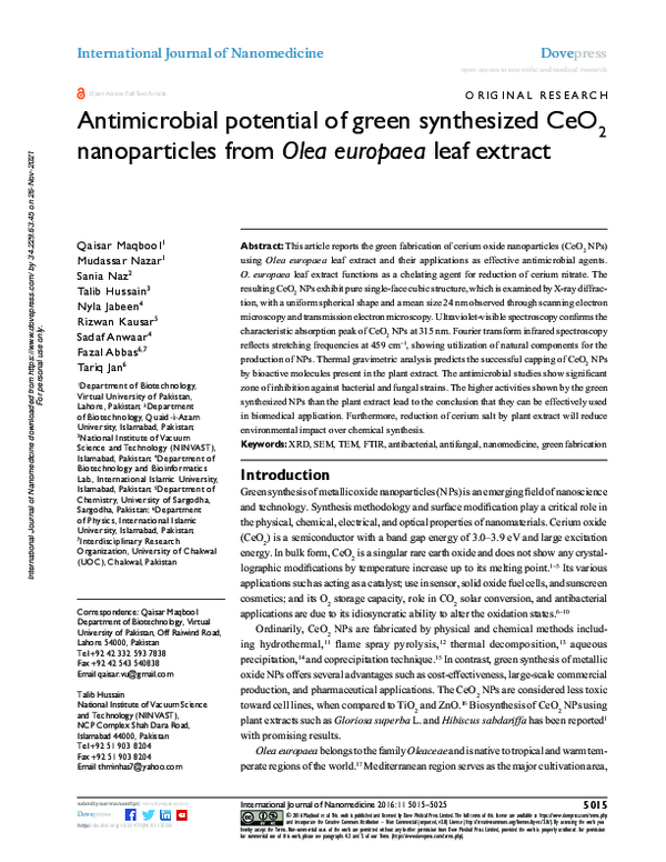 (PDF) Antimicrobial potential of green synthesized CeO2 nanoparticles from Olea europaea leaf ...