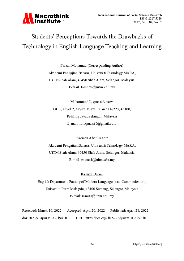 (PDF) Students’ Perceptions Towards the Drawbacks of Technology in English Language Teaching and ...
