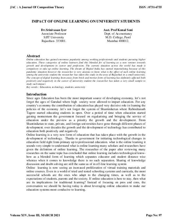 (PDF) IMPACT OF ONLINE LEARNING ON UNIVERSITY STUDENTS