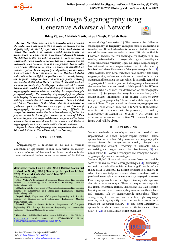 (PDF) Removal of Image Steganography using Generative Adversarial Network