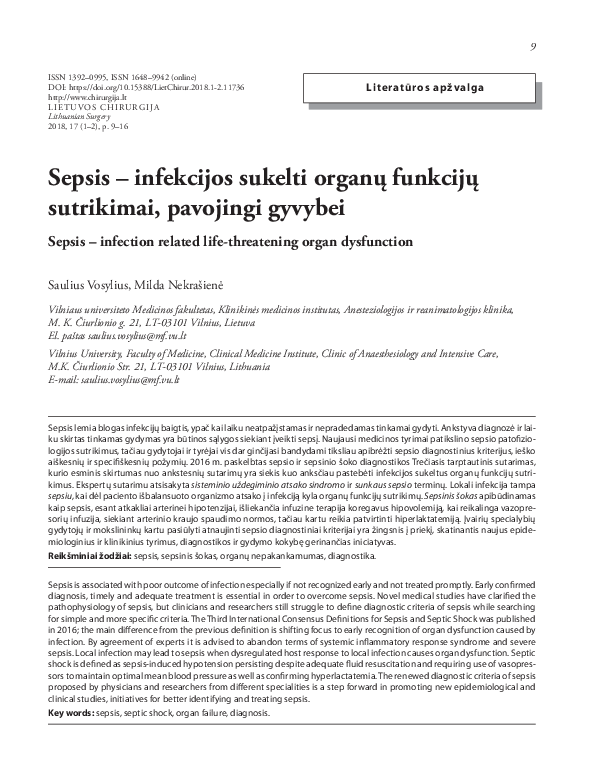 (PDF) Sepsis – infekcijos sukelti organų funkcijų sutrikimai, pavojingi ...