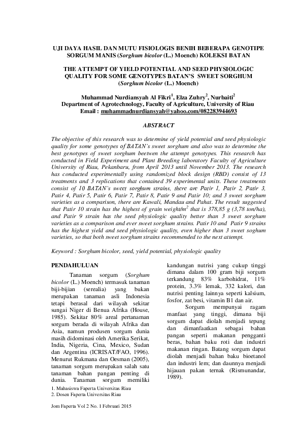 (PDF) UJI DAYA HASIL DAN MUTU FISIOLOGIS BENIH BEBERAPA GENOTIPE SORGUM ...